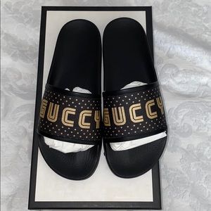 Gucci | Shoes | Gucci Mens Black And Gold Slides | Poshmark